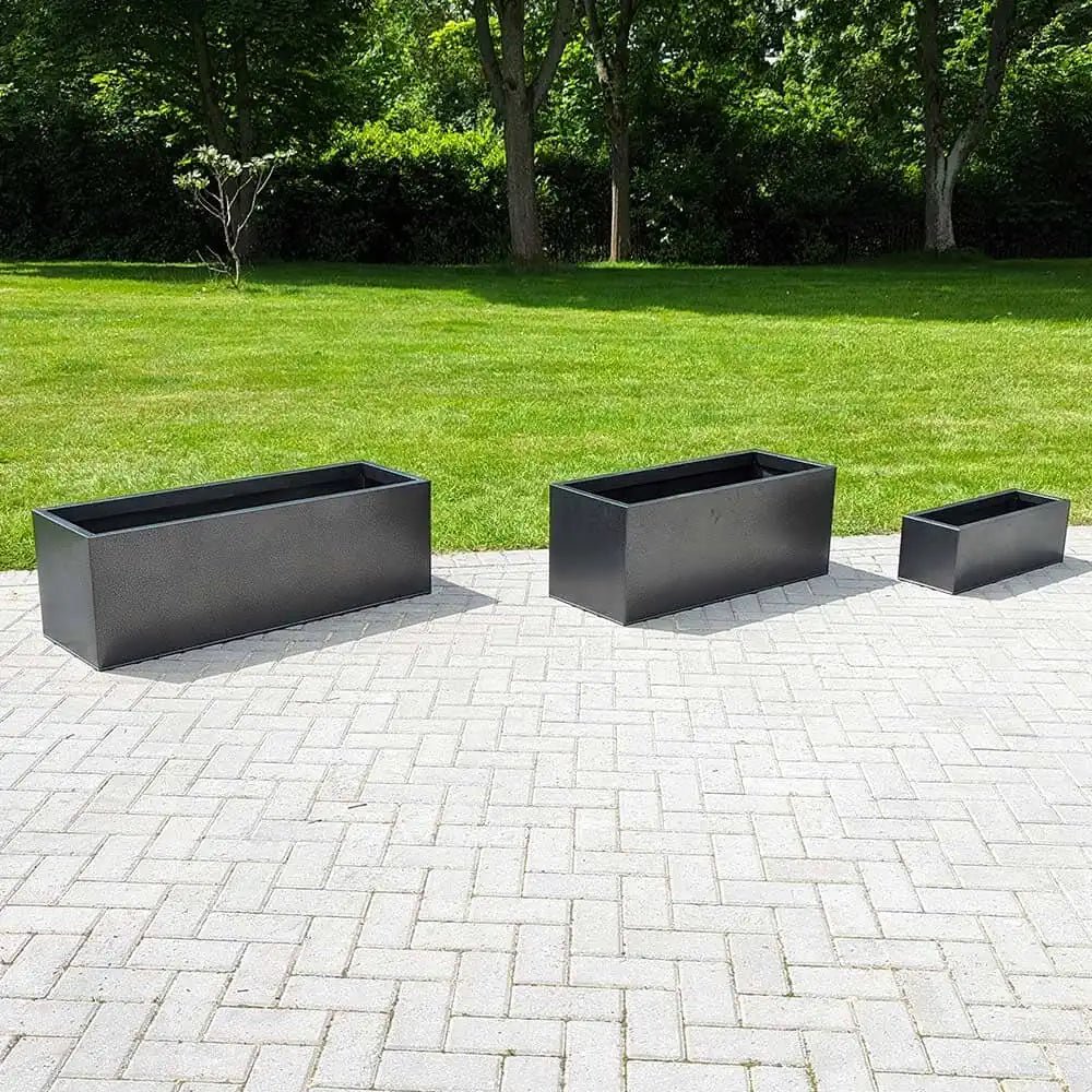 120cm Zinc Galvanised Silver & Black Textured Trough Planter – Woven Wood