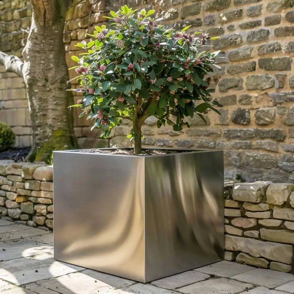 30cm Zinc Galvanised Silver Square Planter – Woven Wood