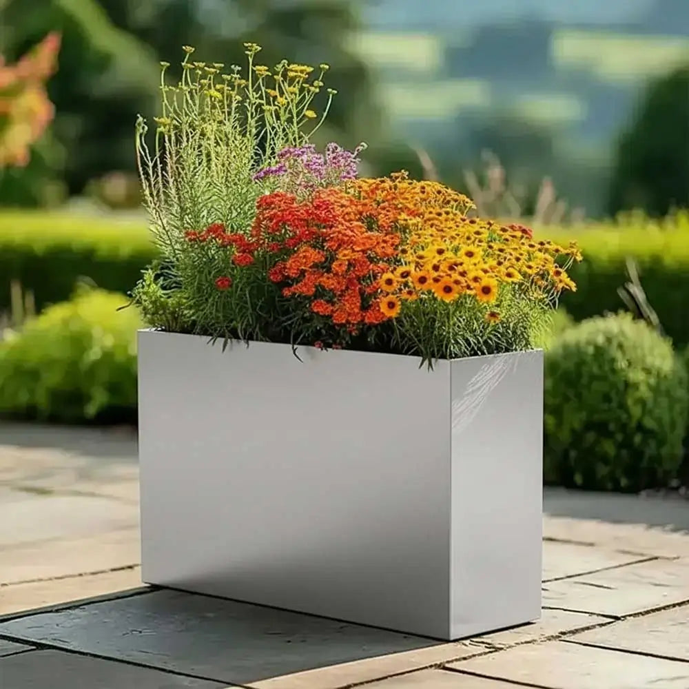 100cm Long Zinc Silver Galvanised 80cm Tall Trough Planter – Woven Wood